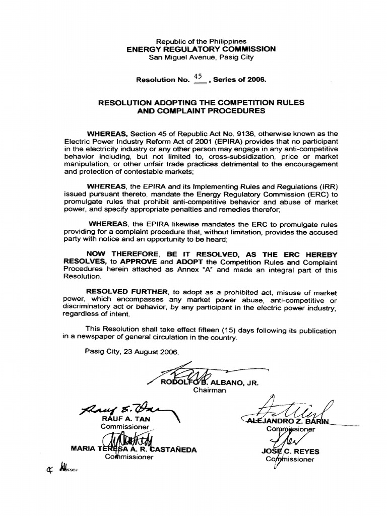 ERC Resolution No. 45-2006 - ERC Competition Rules - 1 | PDF