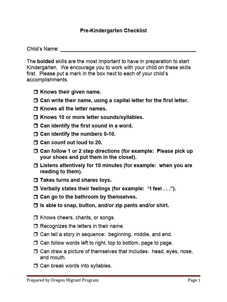 Pre K Checklist | PDF | Cognitive Science | Human Communication
