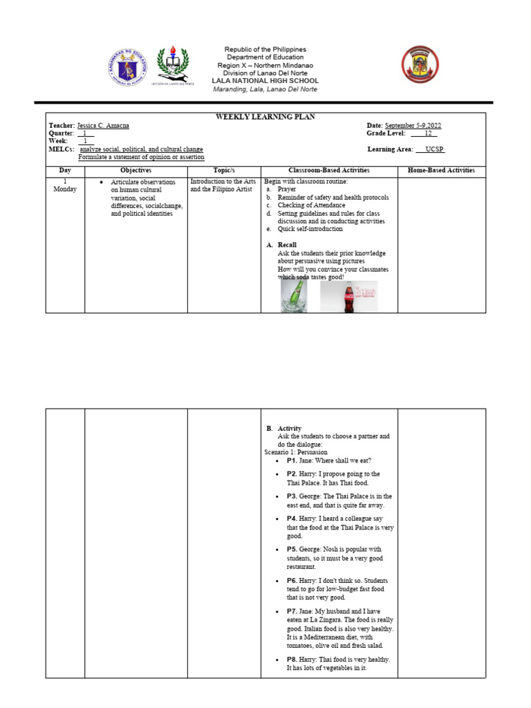 Weekly Learning Plan in Ucsp 10 2022 2023 | Download Free PDF | Argument | Persuasion