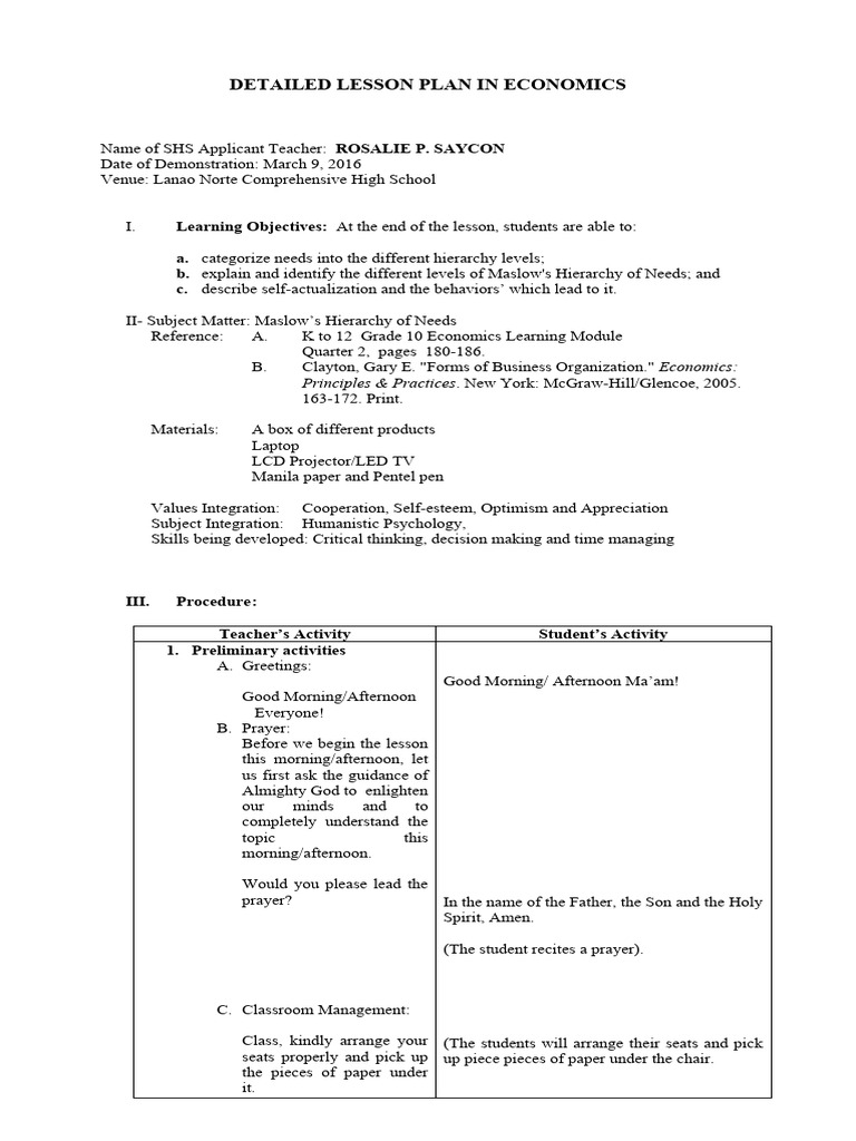 Sample Lesson Plan For Senior HS | PDF | Supply (Economics) | Demand