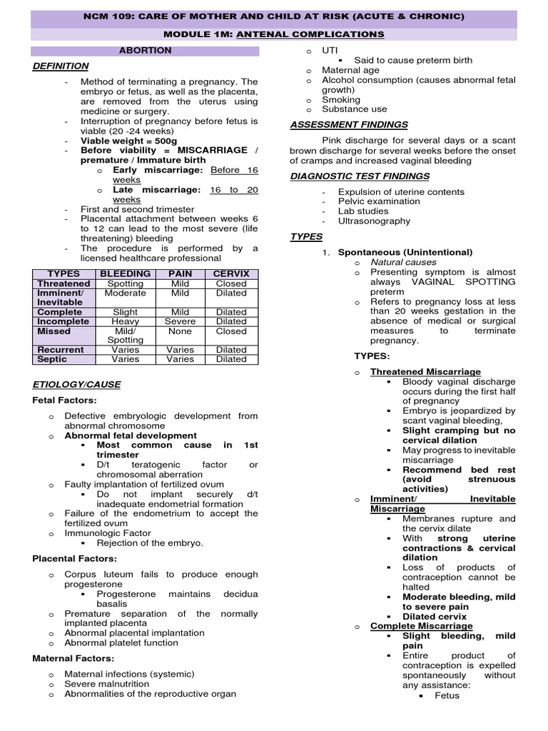 NCM 109 Module 1M | PDF | Miscarriage | Pregnancy