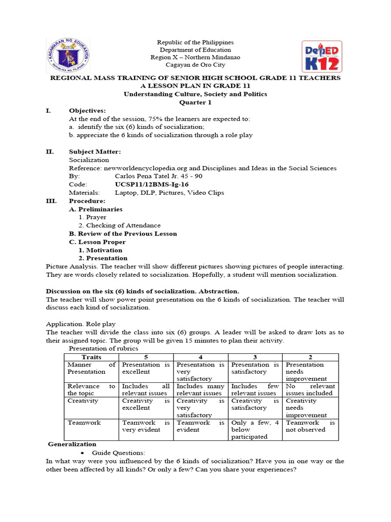 20 Gumahad Lesson Plan in Socialization | PDF | Socialization | Social ...