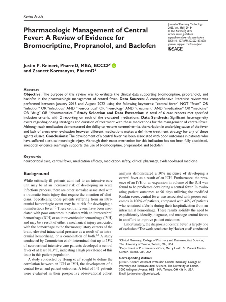 Pharmacologic Management of Central Fever | PDF | Fever | Pharmacy