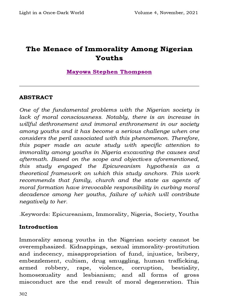 Causes of Immorality in Nigerian Youths | PDF | Miscarriage | Hedonism