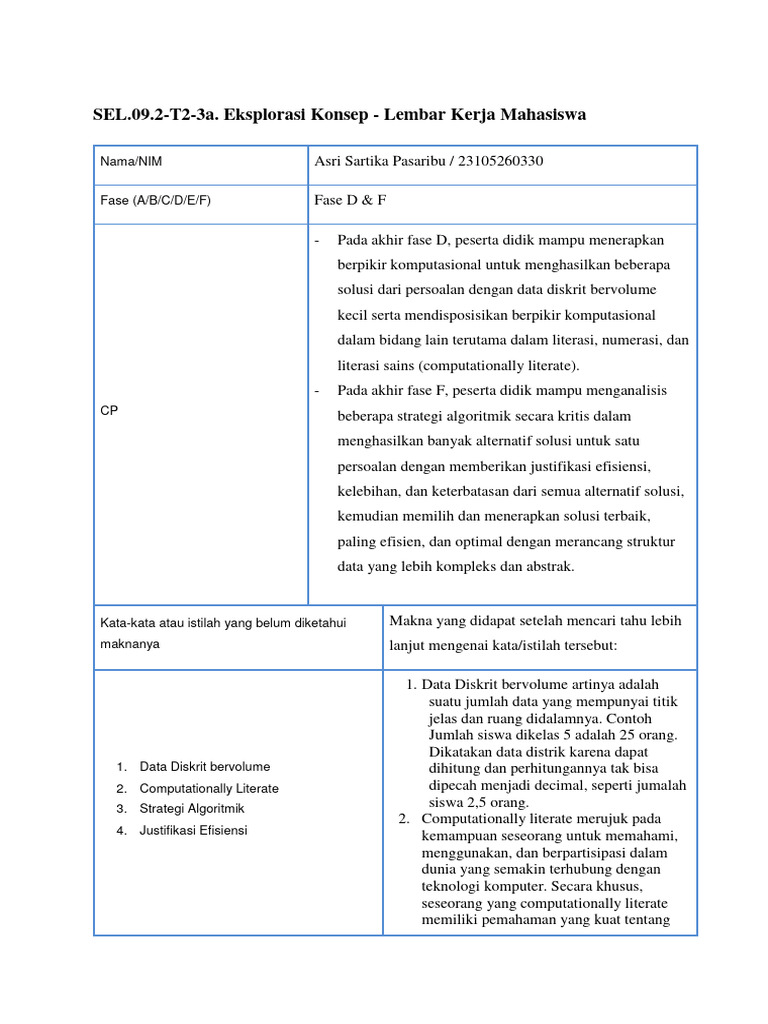 Lembar Kerja Mahasiswa: Berpikir Komputasional | PDF | Karier & Perkembangan | Seni