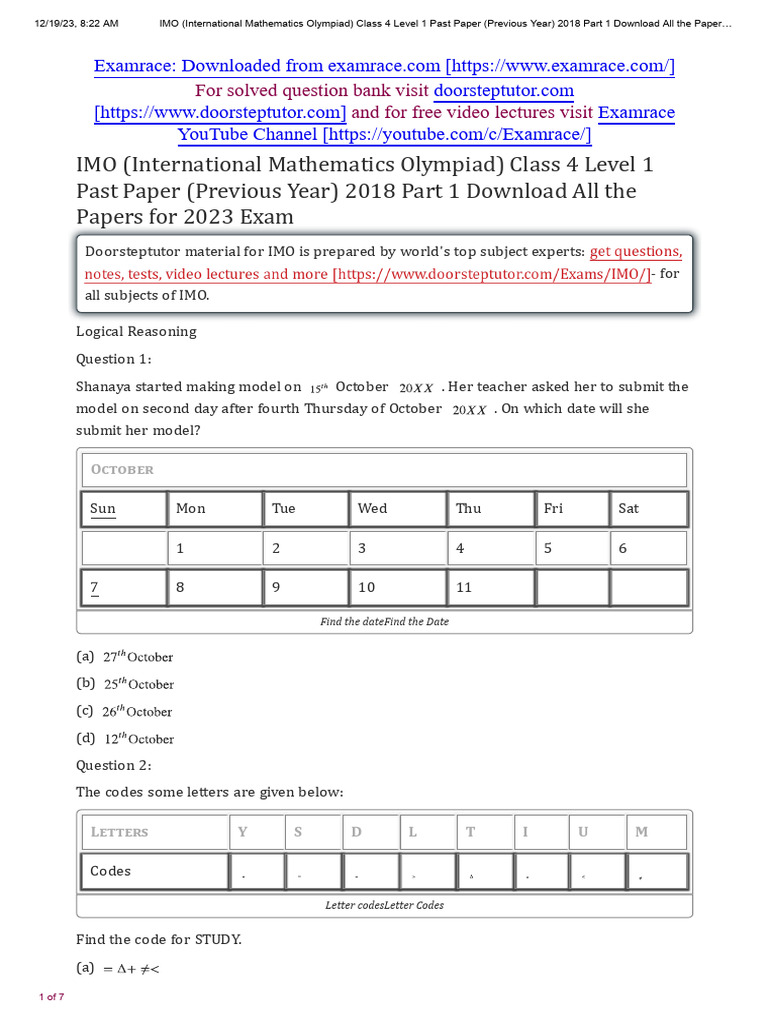 IMO Class 4 Paper 2018 Part 1 | PDF | Science | Mathematics