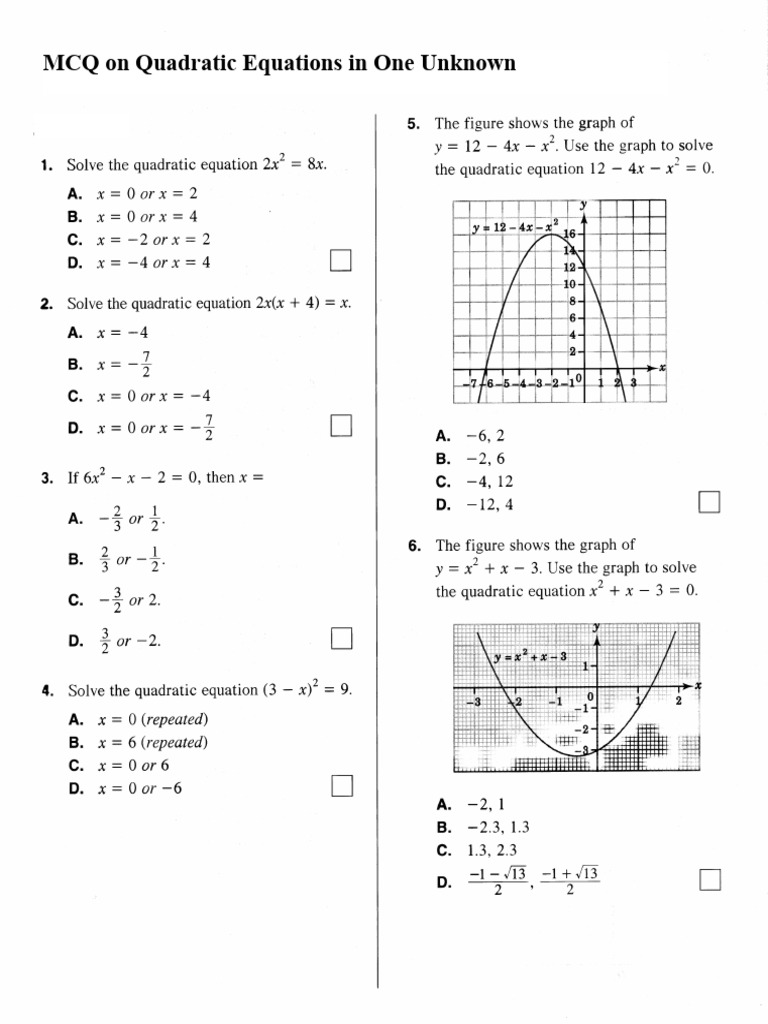 MCQ 4A Ch3 Quad Equations in 1 Unknown | PDF | Elementary Mathematics ...