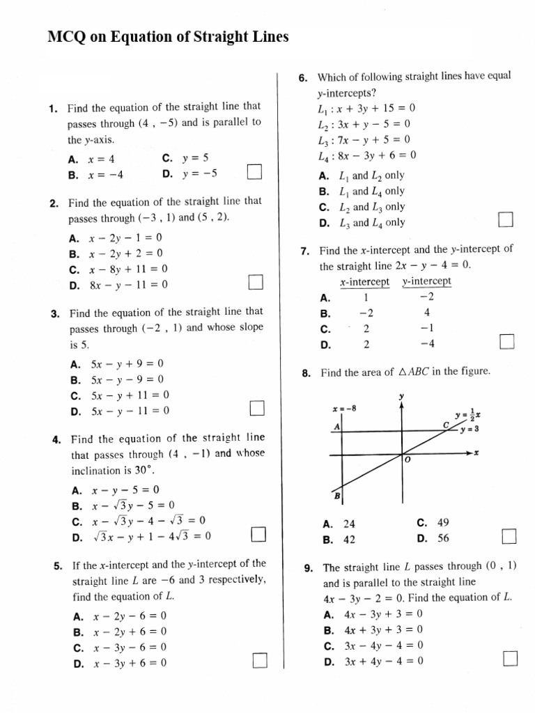 MCQ 4A Ch2 Equation of St. Lines | PDF | Line (Geometry) | Mathematical Objects