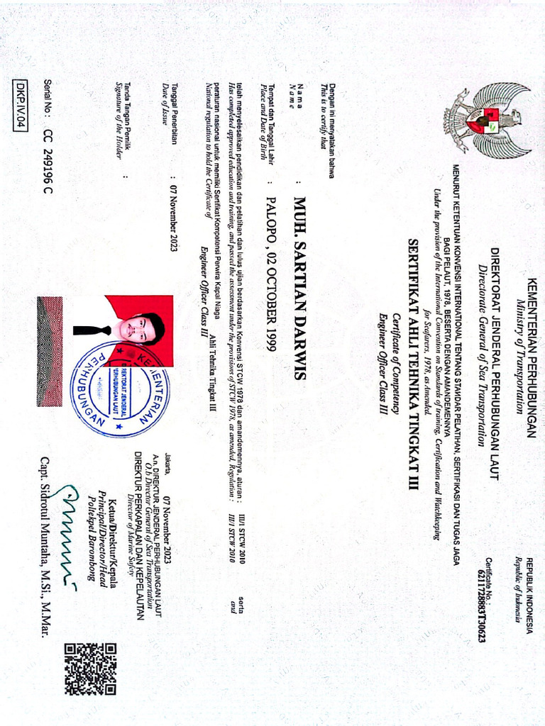 Sertificate Engineer Officer Class Iii | PDF