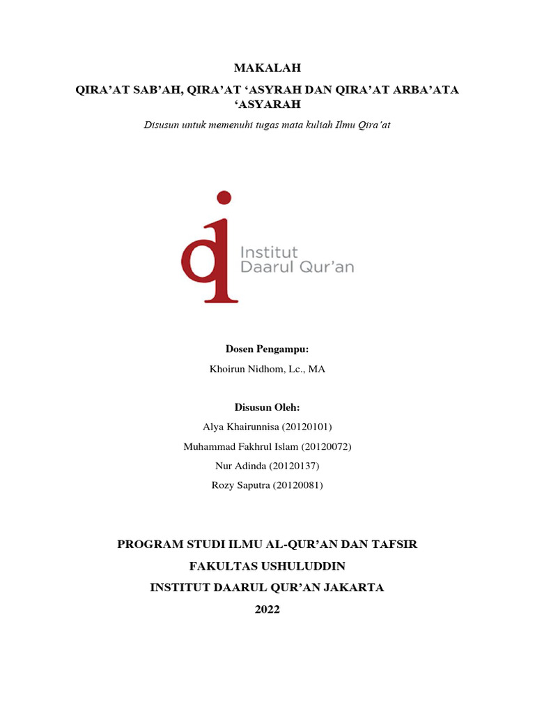Qira'at Sab'ah, Qira'at Asyrah Dan Qira'at Arba'ata Asyarah | PDF