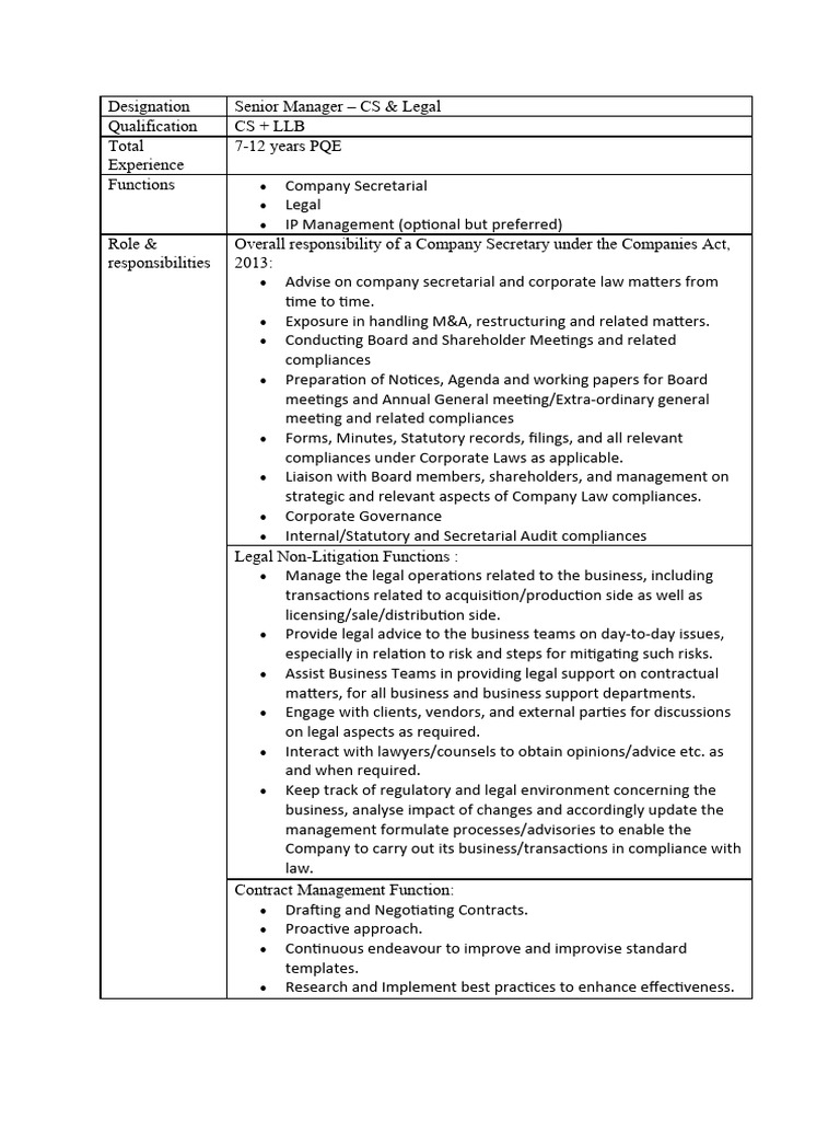 Job Responsibilities - Legal+CS | Download Free PDF | Lawyer ...