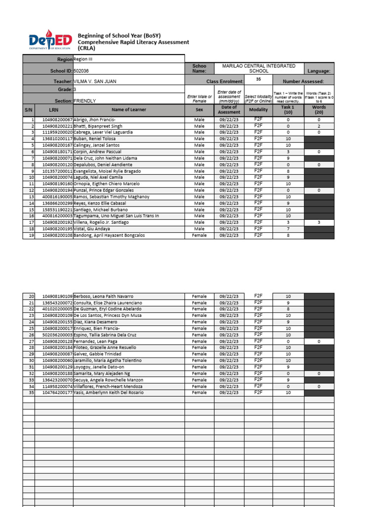 Grade 3 CRLA Reading Assessment Scoresheet | PDF