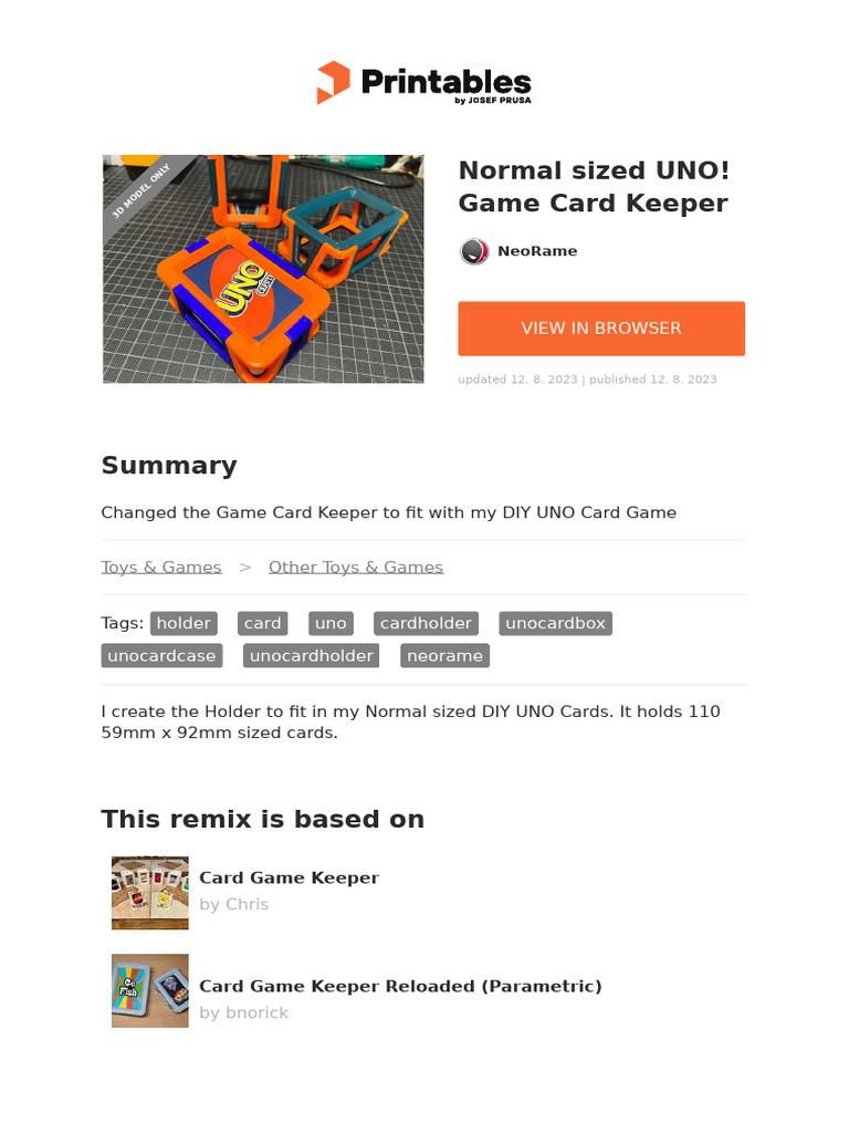 Normal Sized Uno Game Card Keeper | PDF