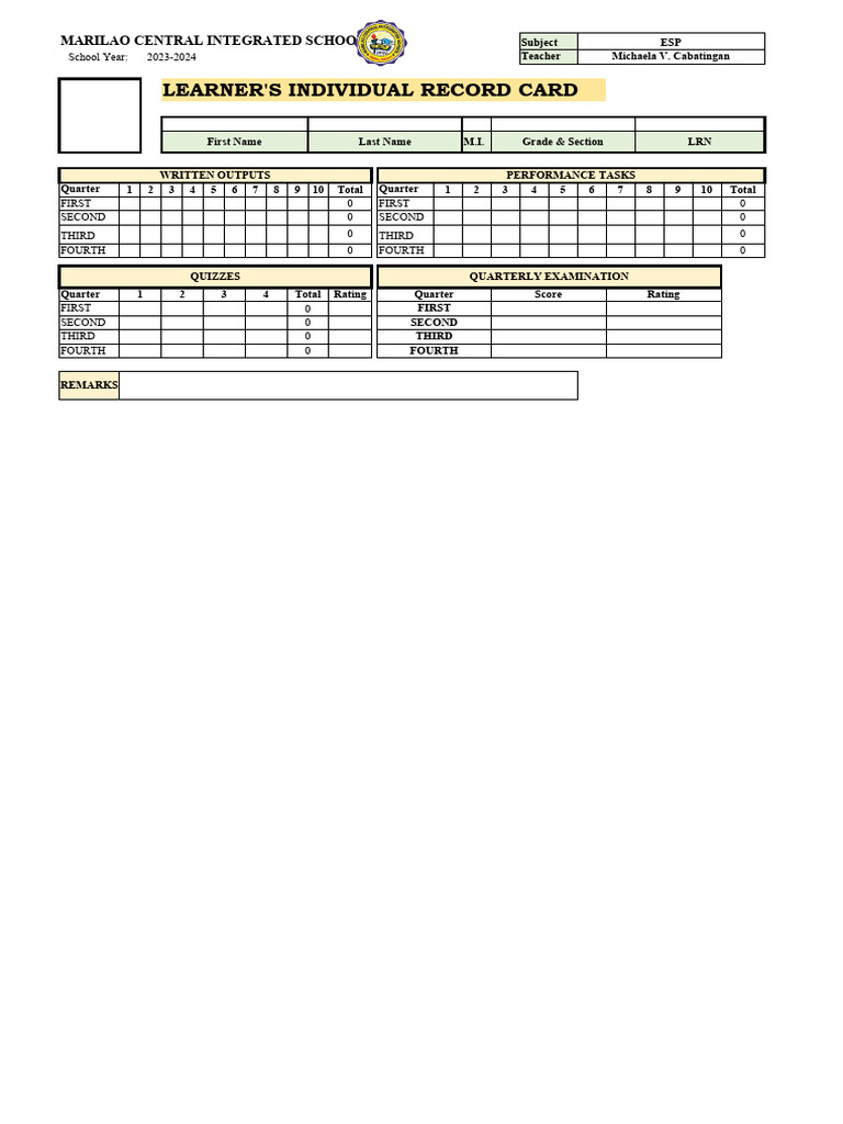 LEARNER'S INDIVIDUAL RECORD CARD (EXCEL) | PDF
