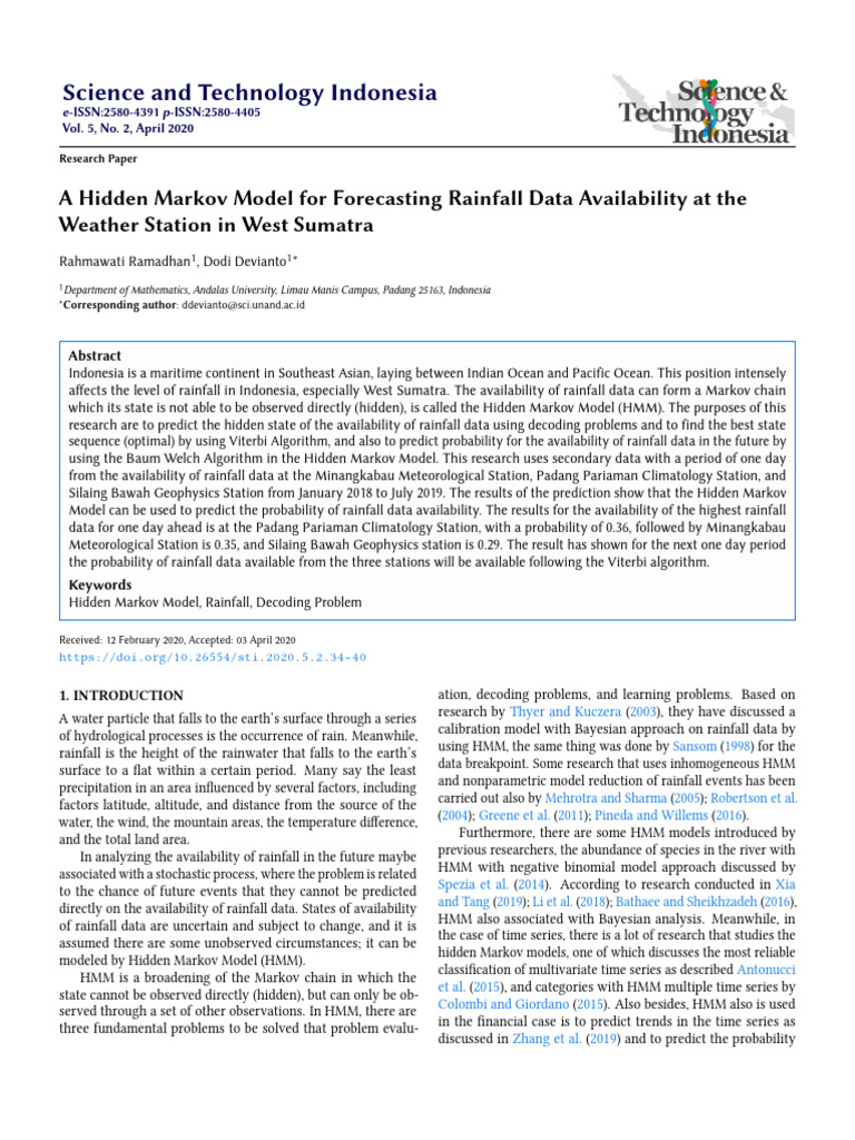 A Hidden Markov Model For Forecasting Rainfall Data Availability Pdf