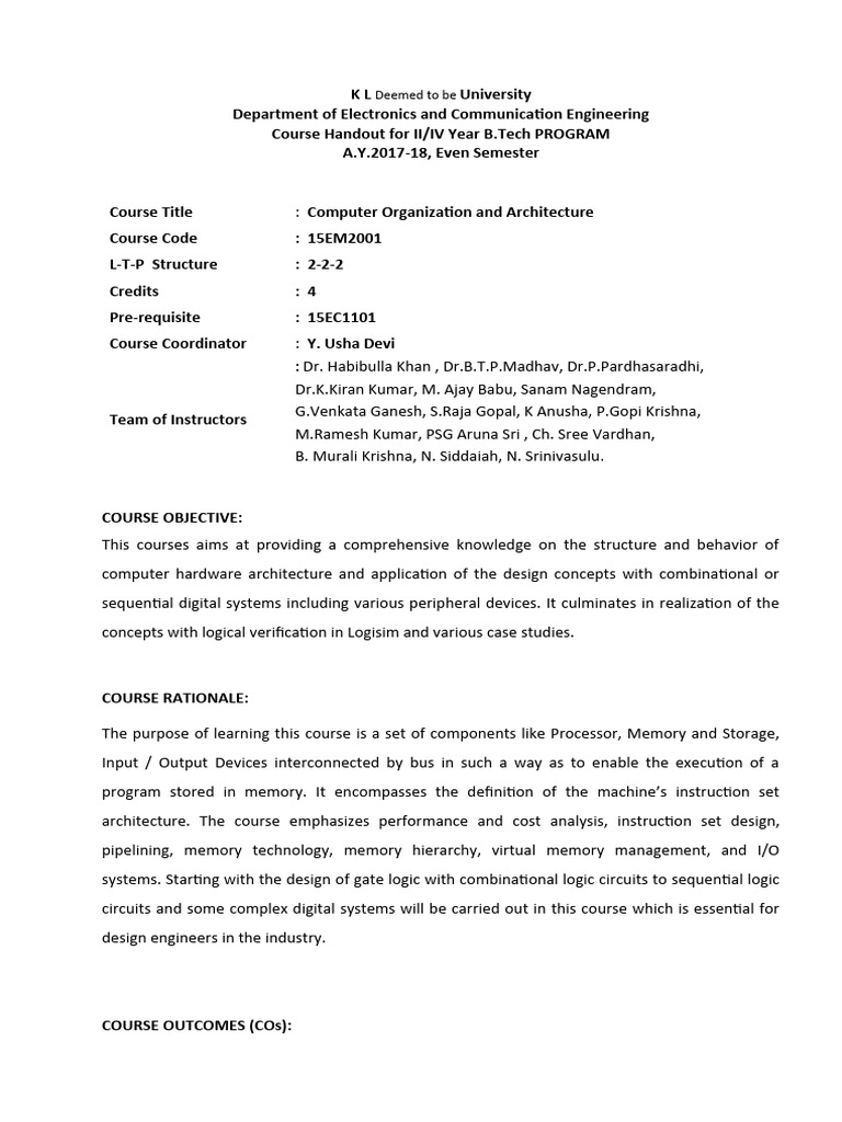 COA HANDOUT - Modified | PDF | Central Processing Unit | Input/Output