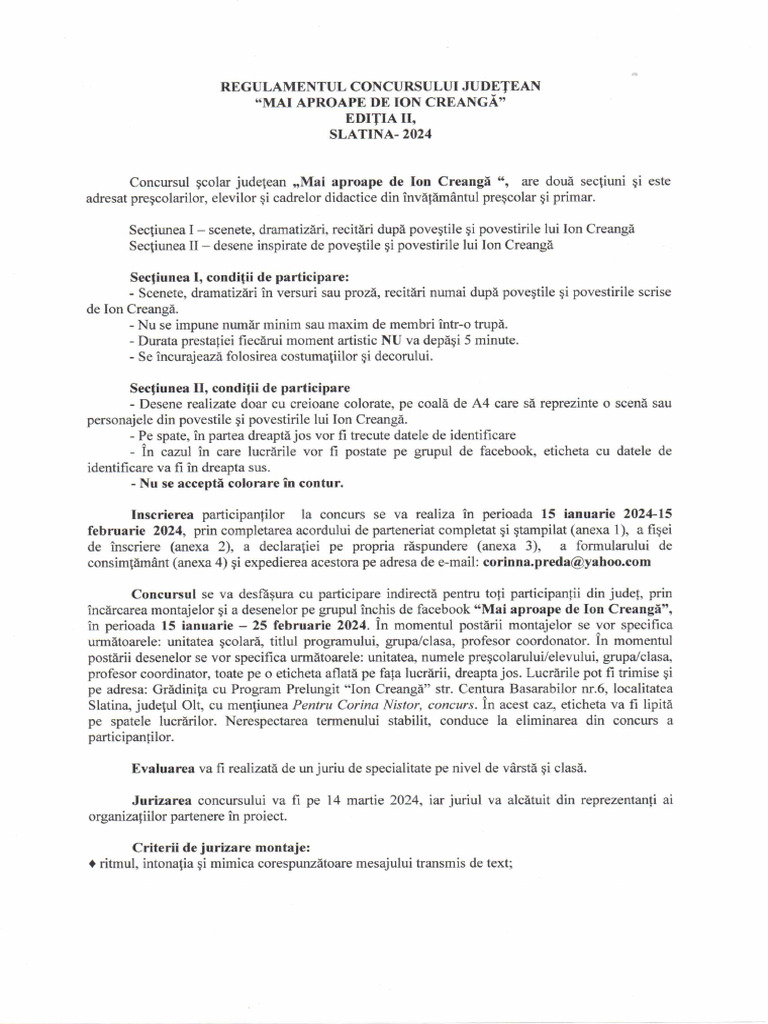 Concurs Judetean Mai Aproape de Ion Creanga | PDF