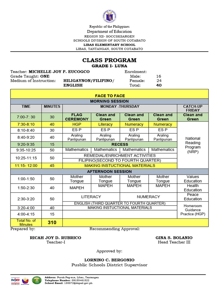 Class Program I Luna S.Y 2023 2024 | PDF | Human Communication | Learning