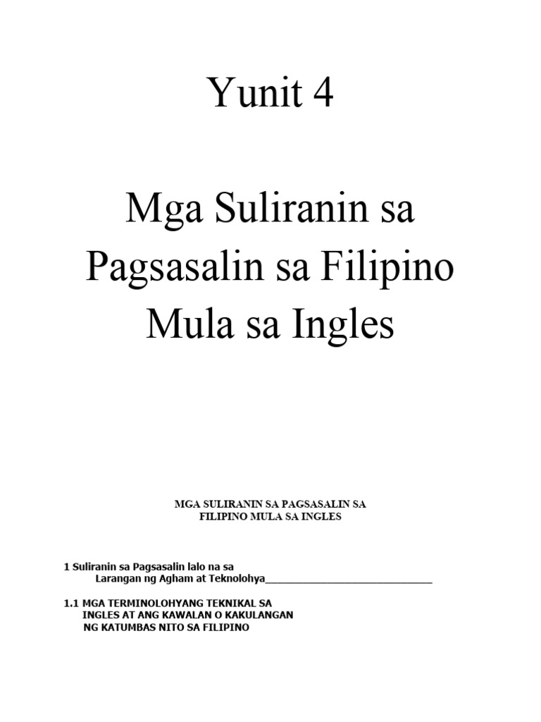 Yunit 4 Mga Suliranin Sa Pagsasalin Sa Fil - Mula Sa Ingles | PDF Yunit 4 Mga Suliranin Sa Pagsasalin Sa Fil - Mula Sa Ingles | PDF