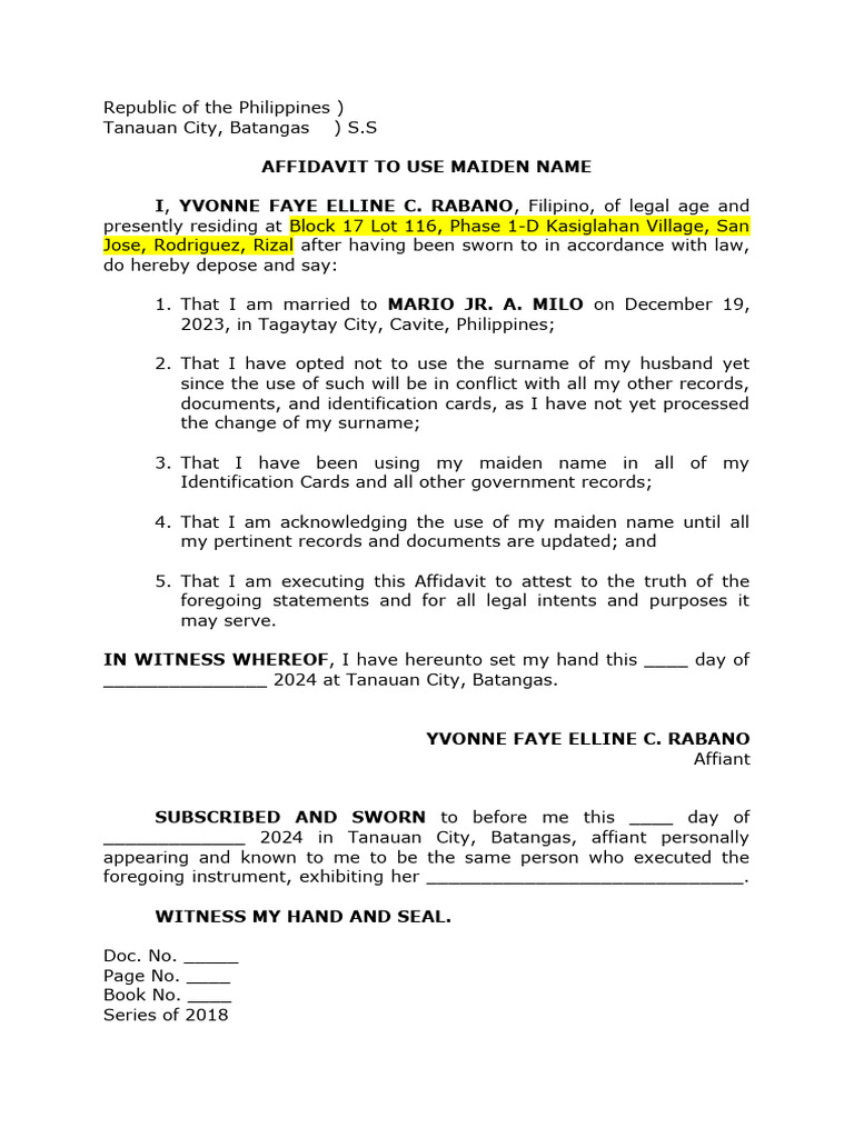 Affidavit for Maiden Name Use | PDF