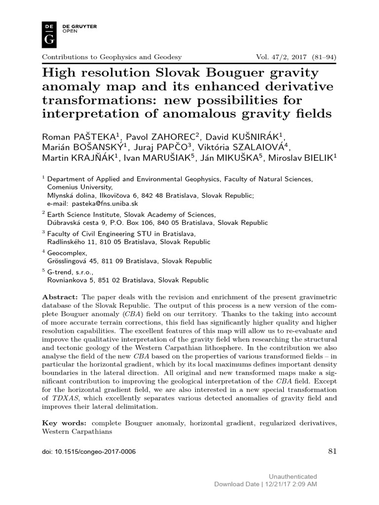 High Resolution Slovak Bouguer Gravity Anomaly Map | PDF