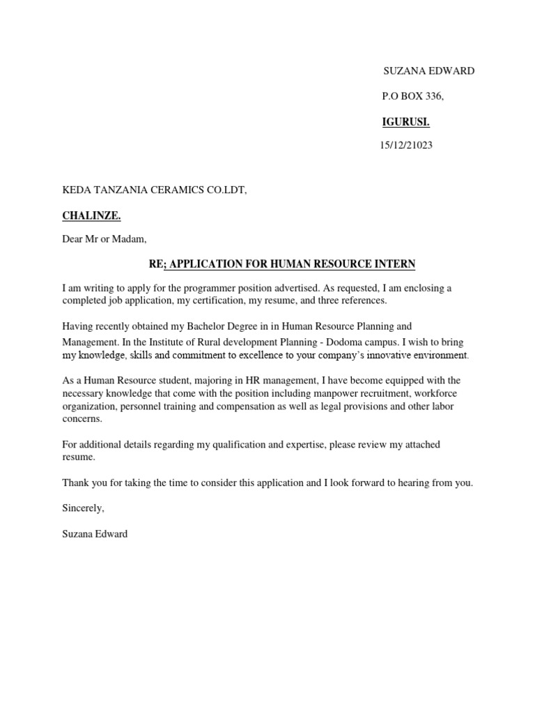 Suzana Edward, Application Letter Keda Tanzania | PDF
