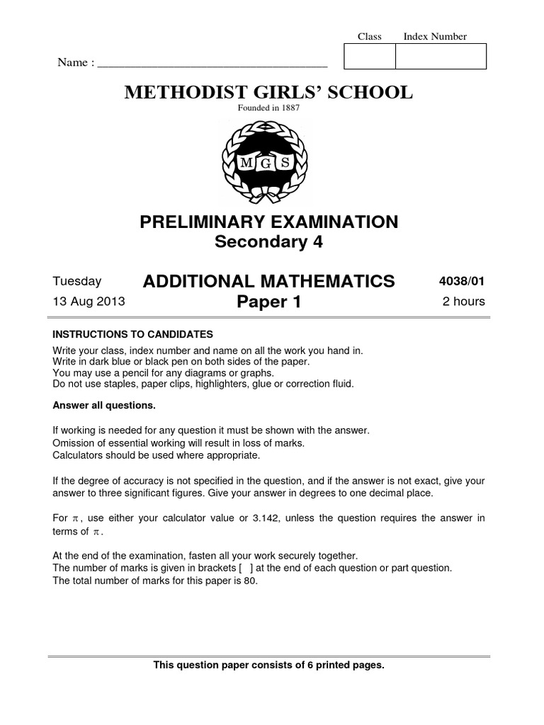 Methodist Girls' School: Preliminary Examination Secondary 4 Additional ...