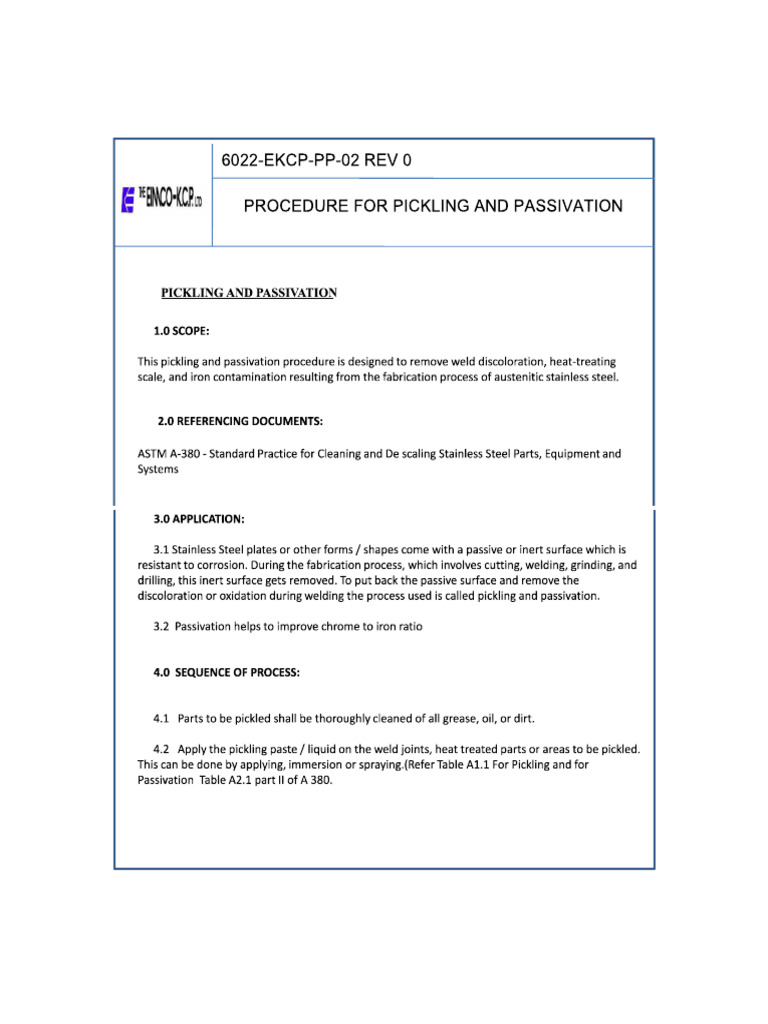 Pickling and Passivation Procedure | PDF