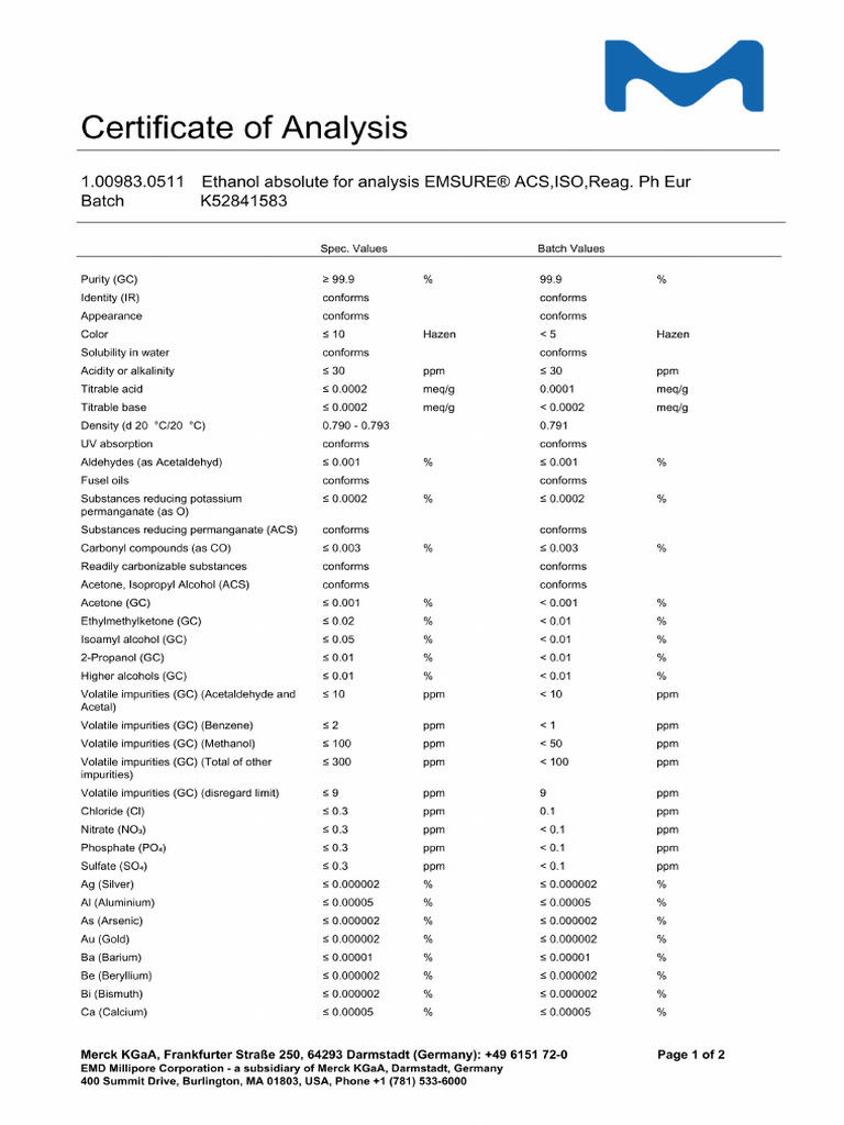 K52841583 - Ethanol Merck Coa | PDF