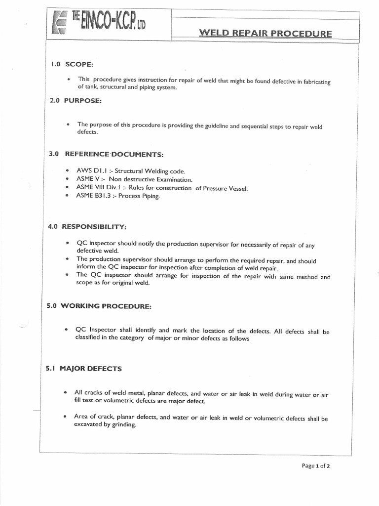 Weld Repair Procedure | PDF