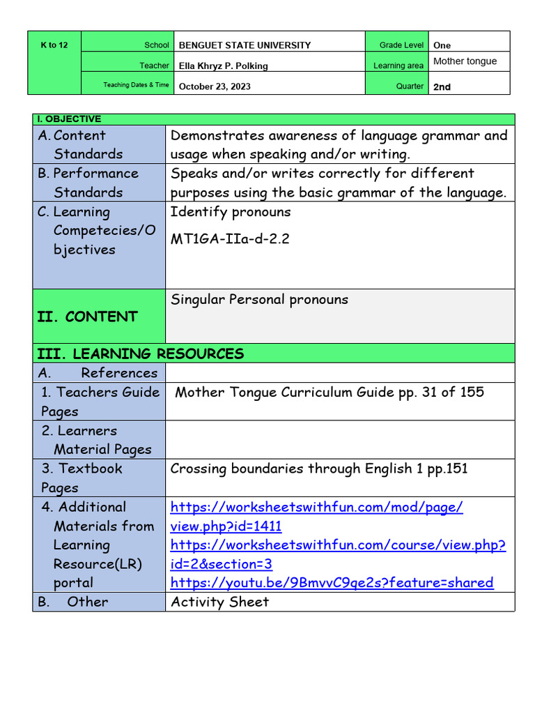 Mother Tongue DLP | PDF | English Language | Teachers