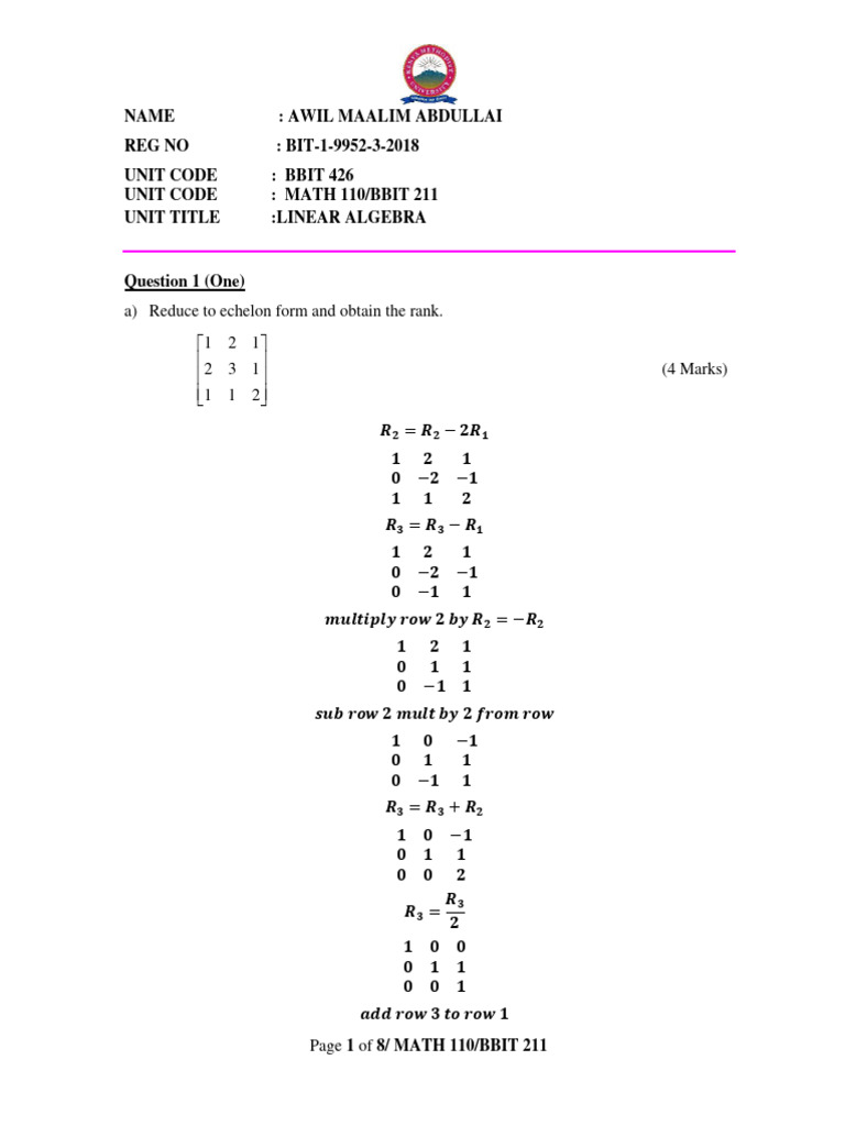 MATH 110 _BBIT211 -LINEAR ALGEBRA | PDF | Applied Mathematics ...