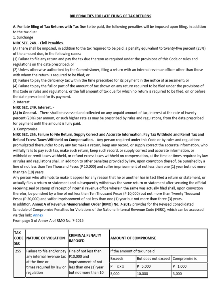 Bir Penalties For Late Filing of Tax Returns | PDF | Taxes | Fine (Penalty)