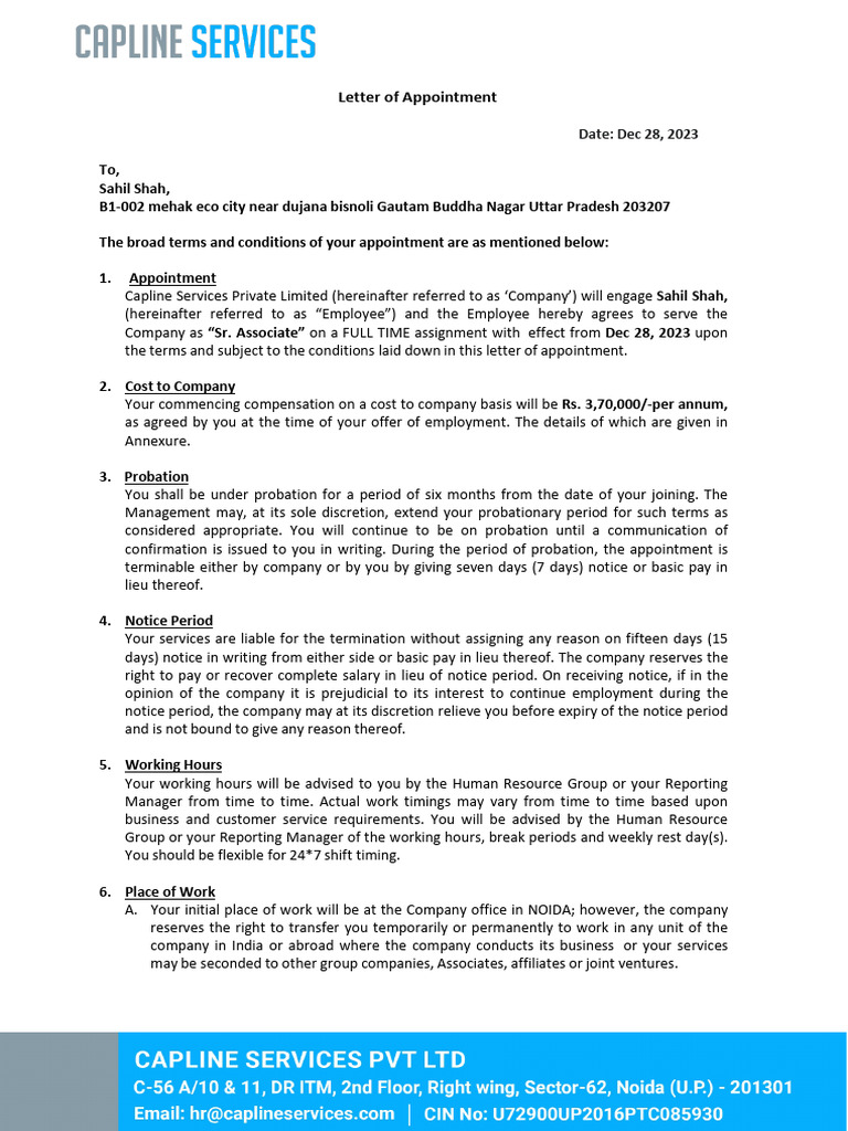 Appointment Terms for New Hire | PDF | Confidentiality | Employment