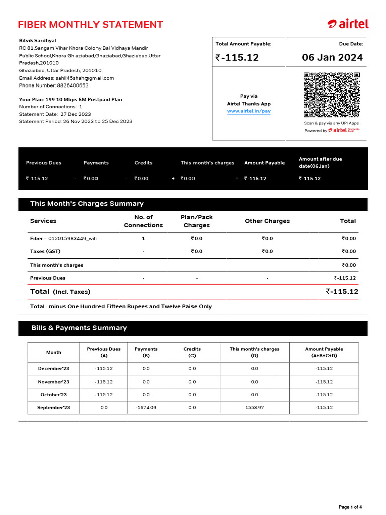 Fiber Monthly Statement: This Month's Charges Summary | PDF