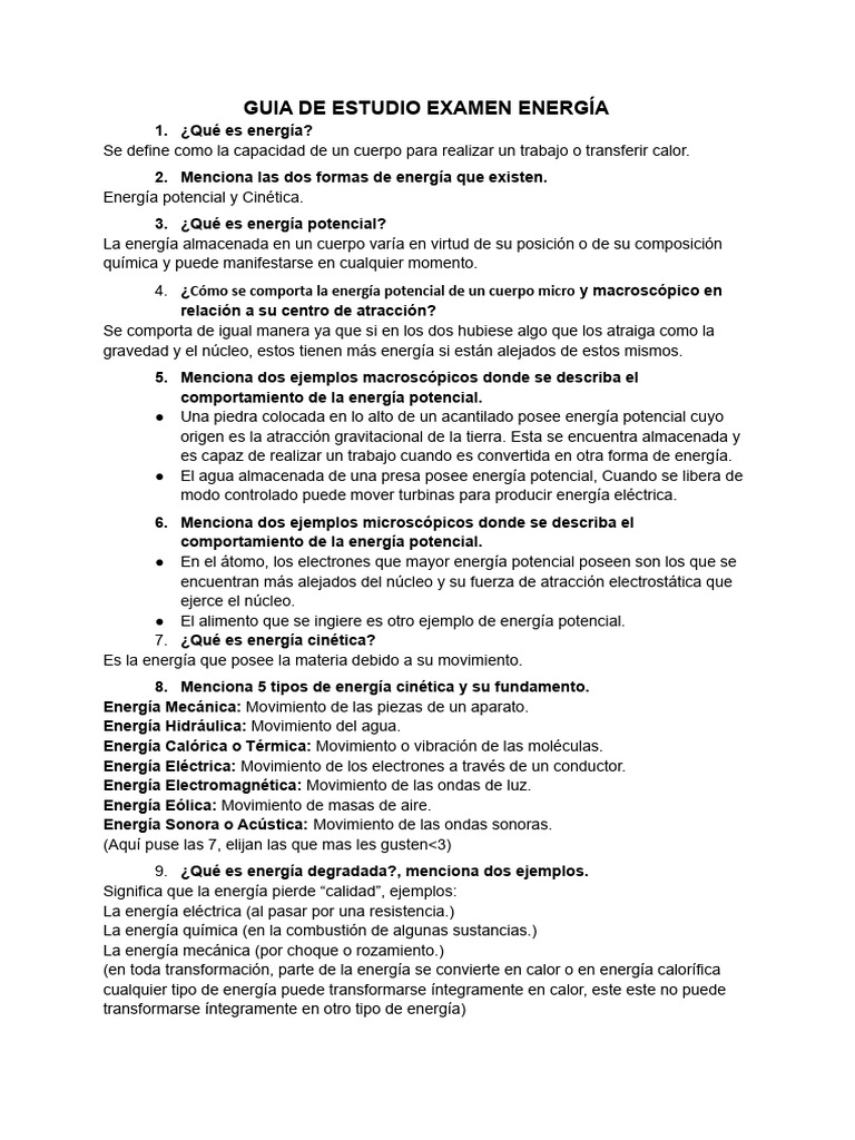 Guia de Estudio Examen Energía | PDF | Energía potencial | Electrón