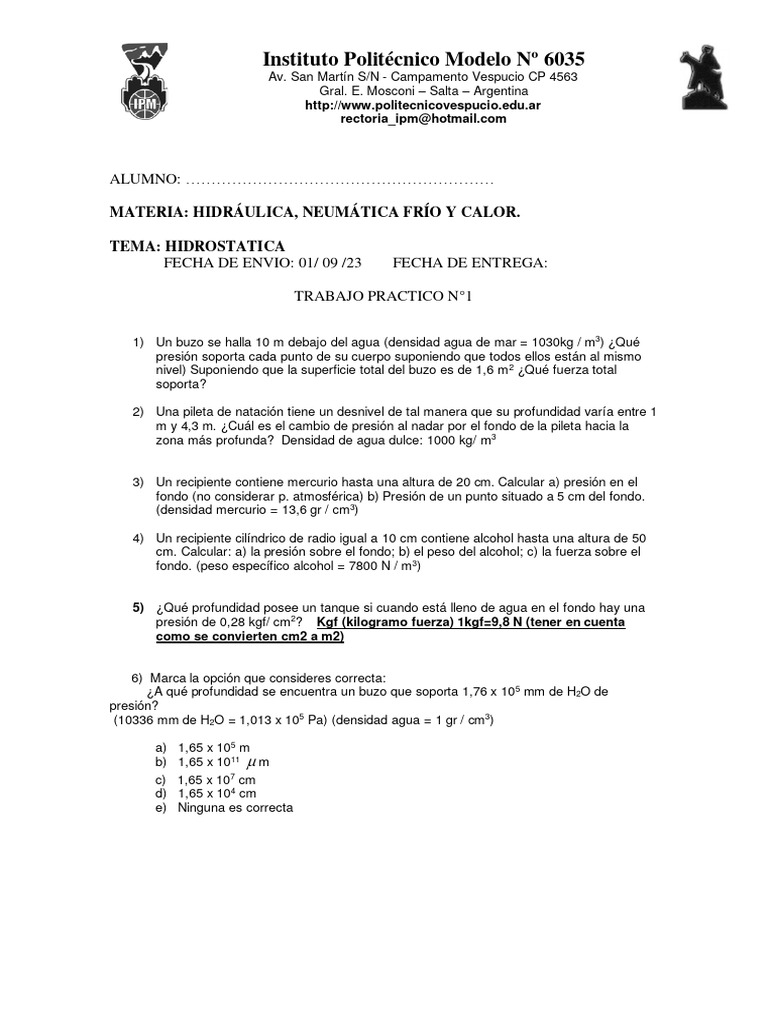 TP N° 1 Hidrostática | PDF