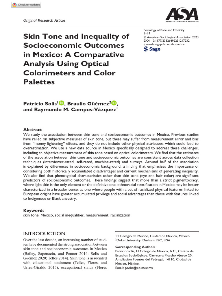 Skin Tone and Socioeconomic Inequality in Mexico | PDF | Socioeconomic ...