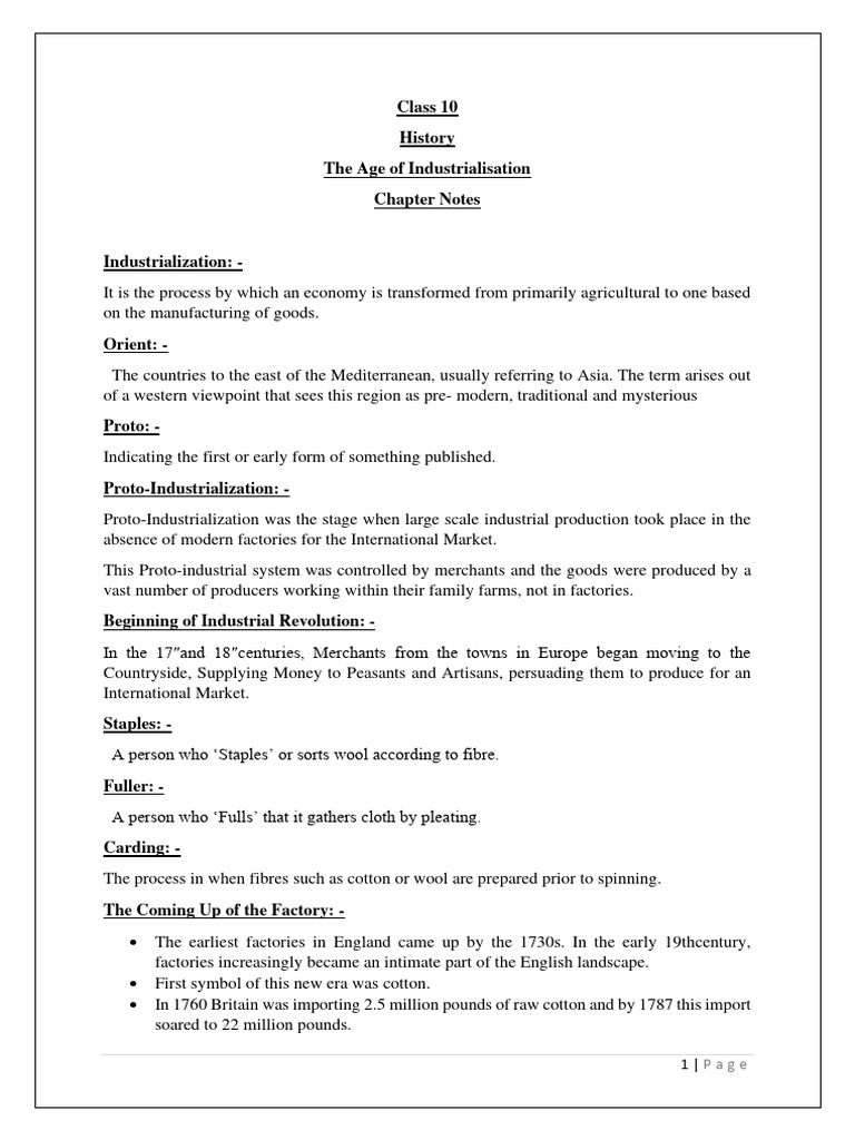 Class 10 Notes: Age of Industrialisation | PDF