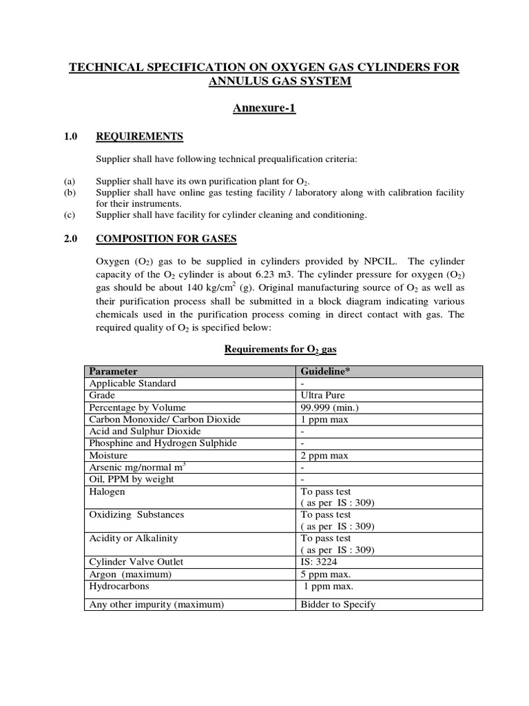 Technical Specification On Oxygen Gas Cylinders For Annulus Gas System ...
