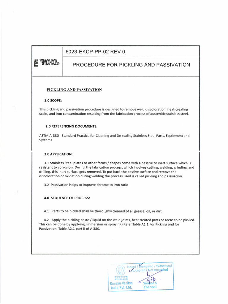 Pickling & Passivation Procedure | PDF