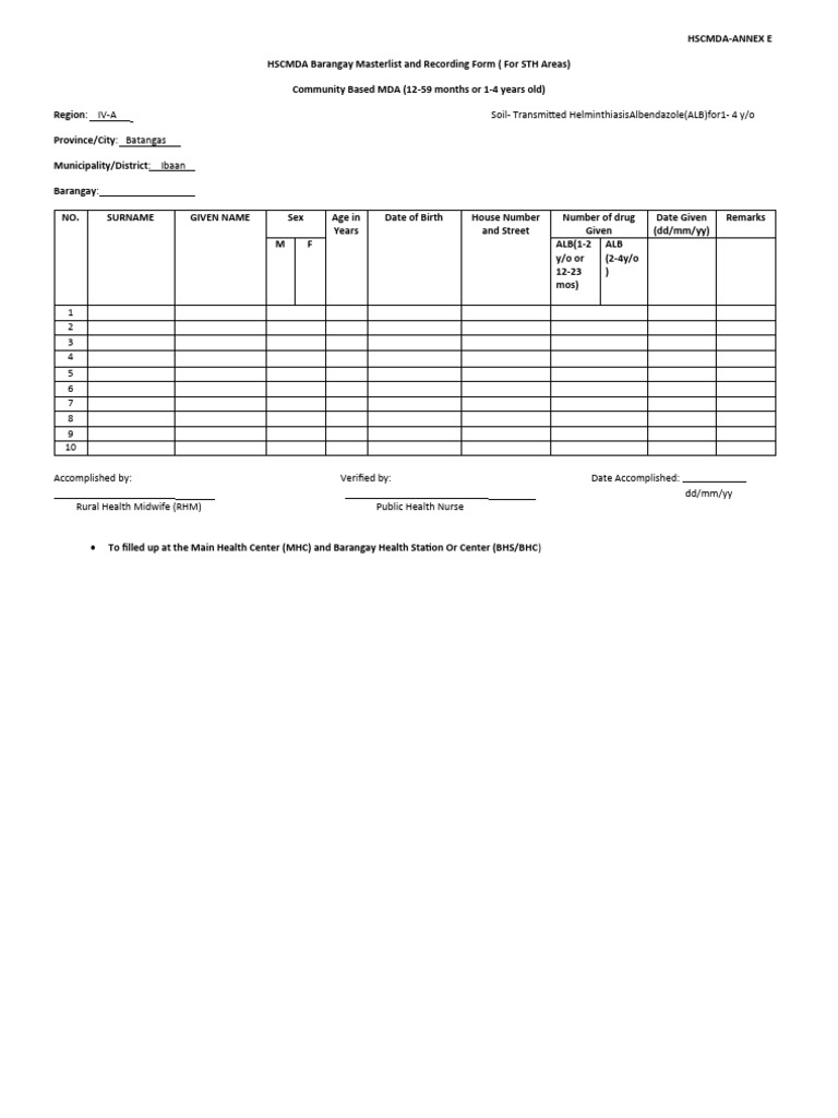 Deworming Form for STH Areas | PDF