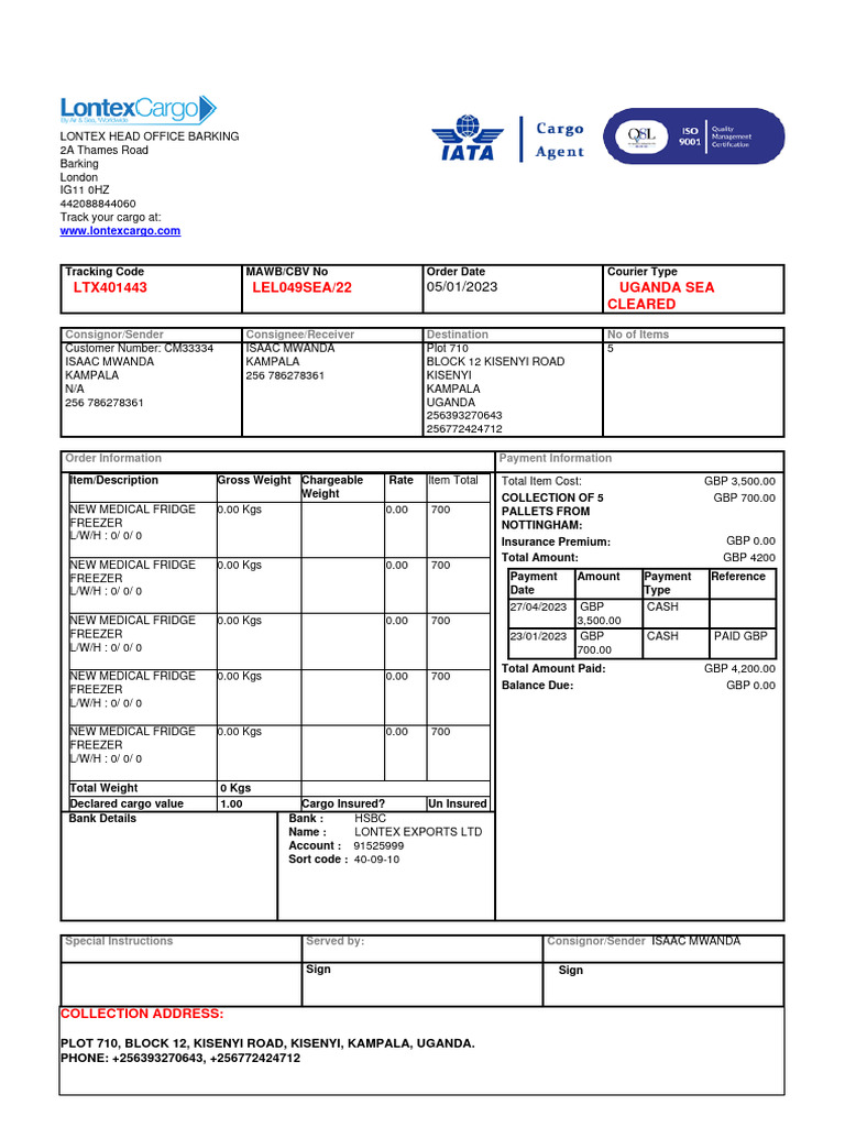 LTX401443 Cargo Invoice | PDF