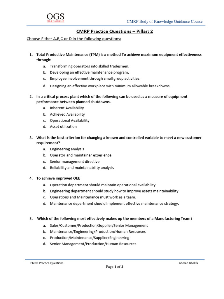 CMRP Practice Questions P2 - OGS | Download Free PDF | Reliability ...
