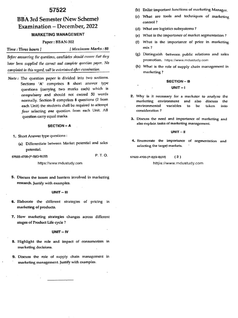Bba 3 Sem Marketing Management 57522 Dec 2022 | PDF