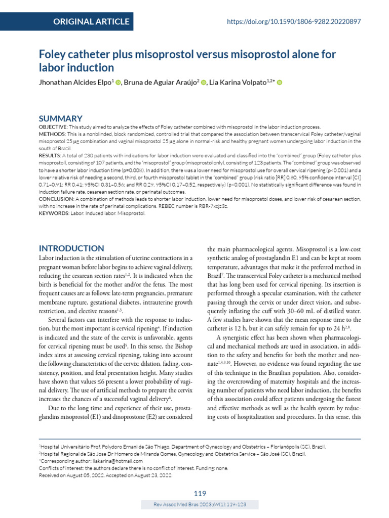 Synopsis For Foley Plus Miso Vs Miso Alone in Induction of Labour | PDF ...