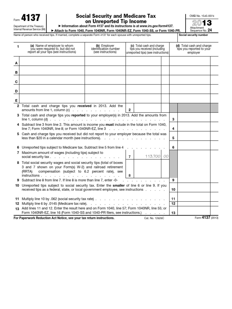 Form 4137 | PDF | Gratuity | Irs Tax Forms