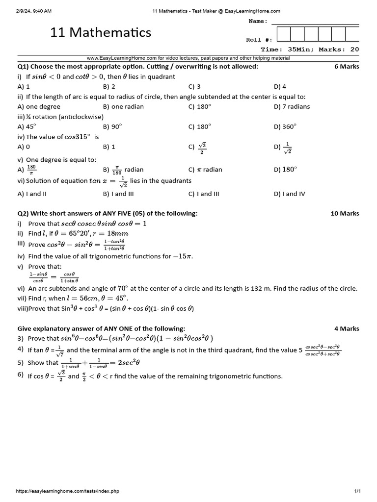 11 Mathematics - Test Maker @ | PDF | Trigonometric Functions ...