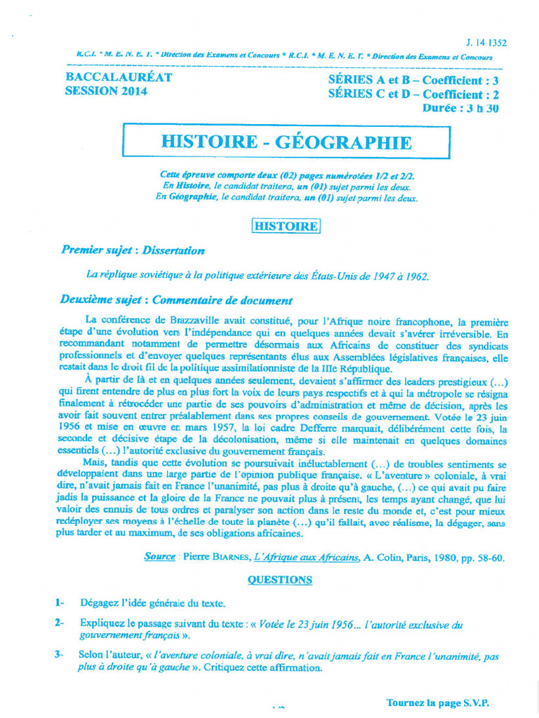 Bac A B C D Hist Geo 2014 | PDF