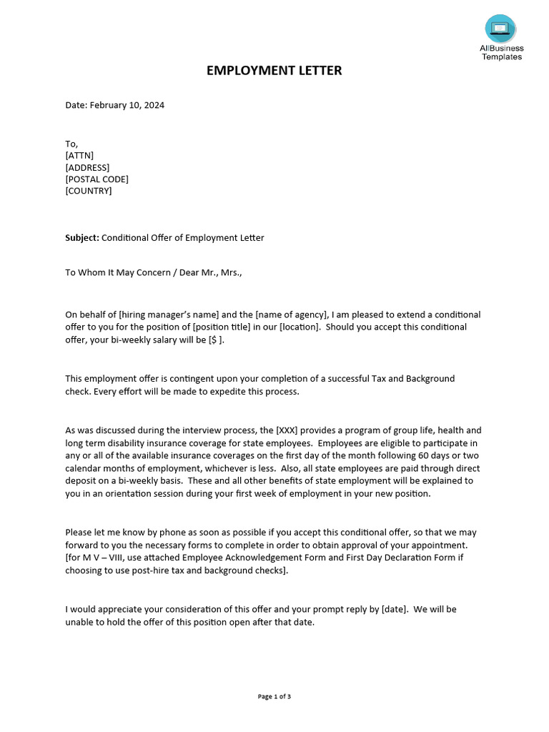 Conditional Offer of Employment Letter | PDF | Employment | Insurance